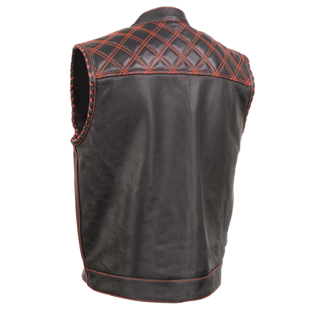 Men's Black 'Paisley' Accented Red Stitching Leather Vest – w/ Armhole ...