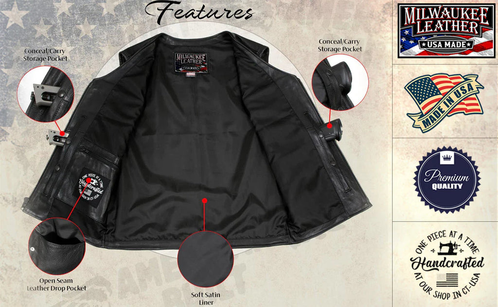Men's Black 'Slinger' V-Neck Motorcycle Premium Leather Zippered Vest ...
