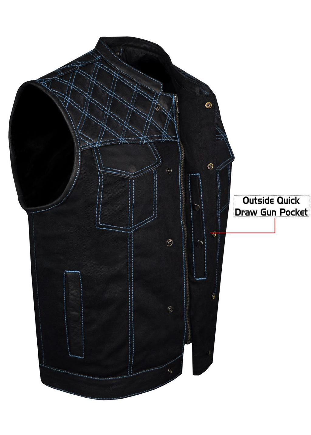 Mens Black Denim & Leather Motorcycle Club Vest Blue Thread Zipper Fro ...